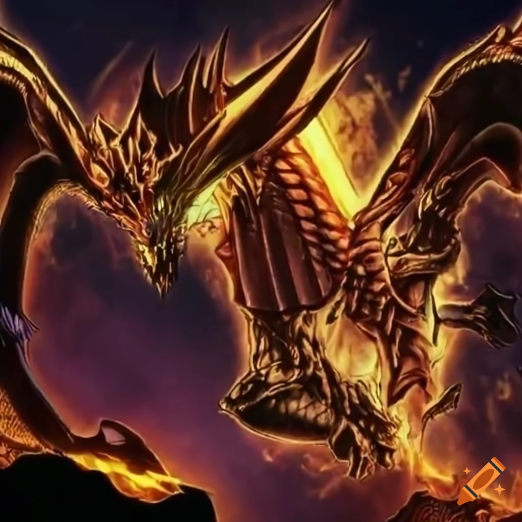 Fusion scene of the Winged Dragon of Ra and Uria from Yu-Gi-Oh on Craiyon