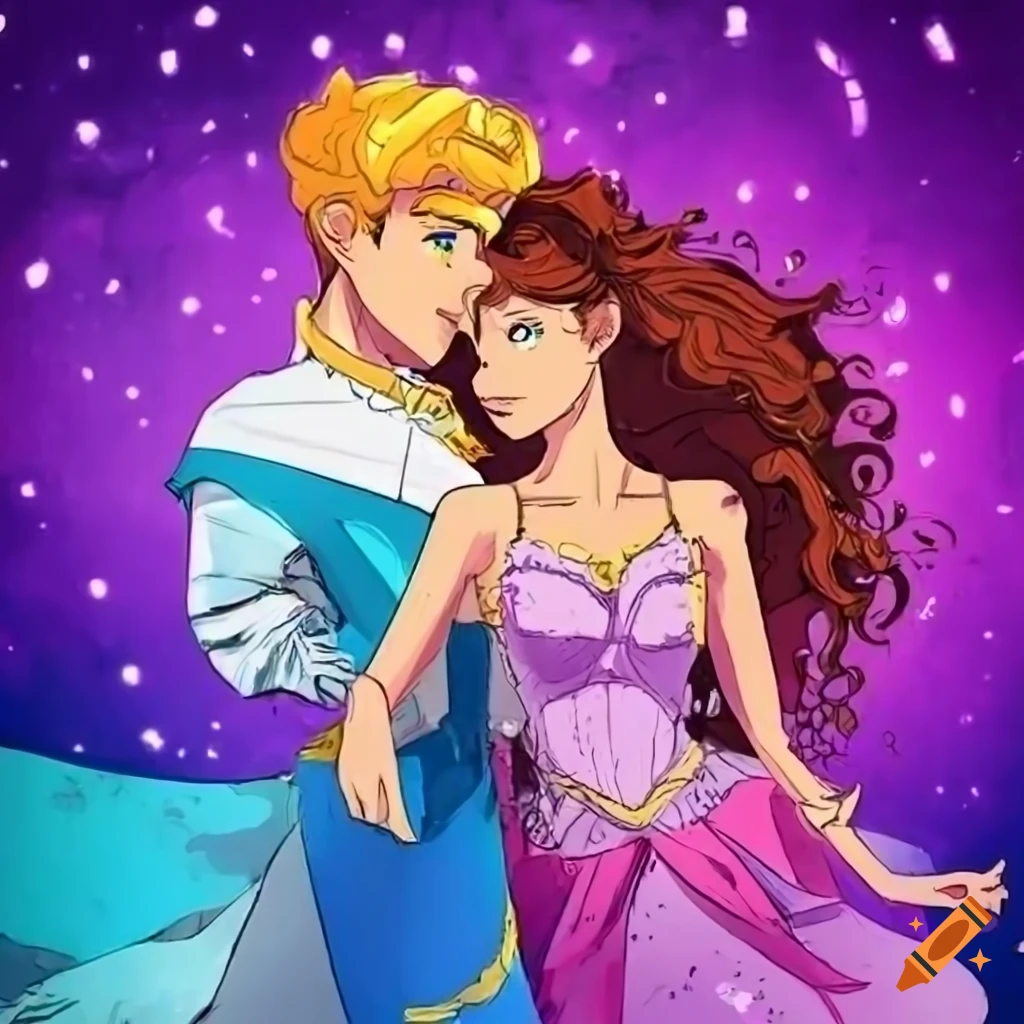 Prince and princess happily dancing on a dancefloor in a comic style on ...