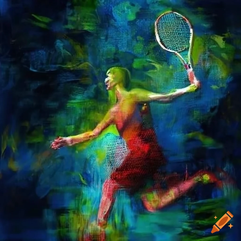 Abstract tennis painting with tryb text overlay on Craiyon
