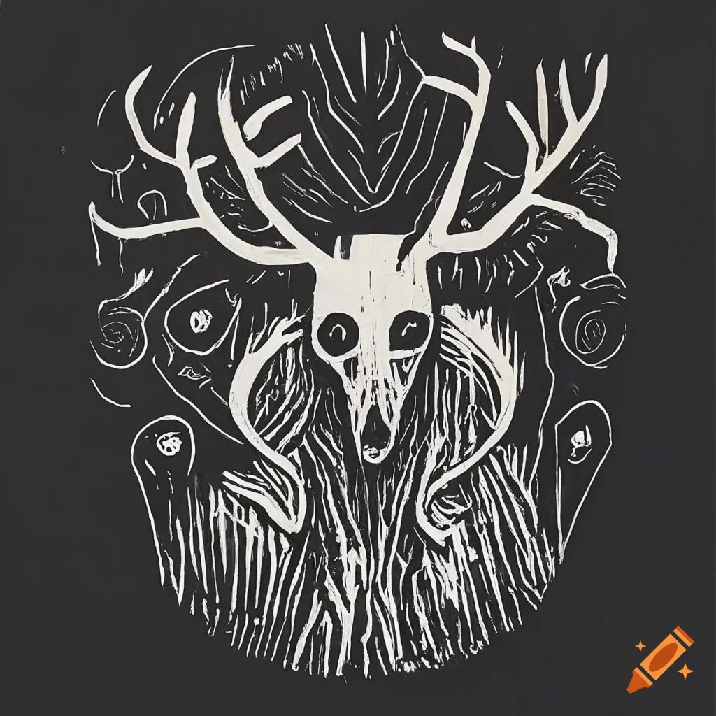 Minimalist black and white linocut print of a wendigo on Craiyon