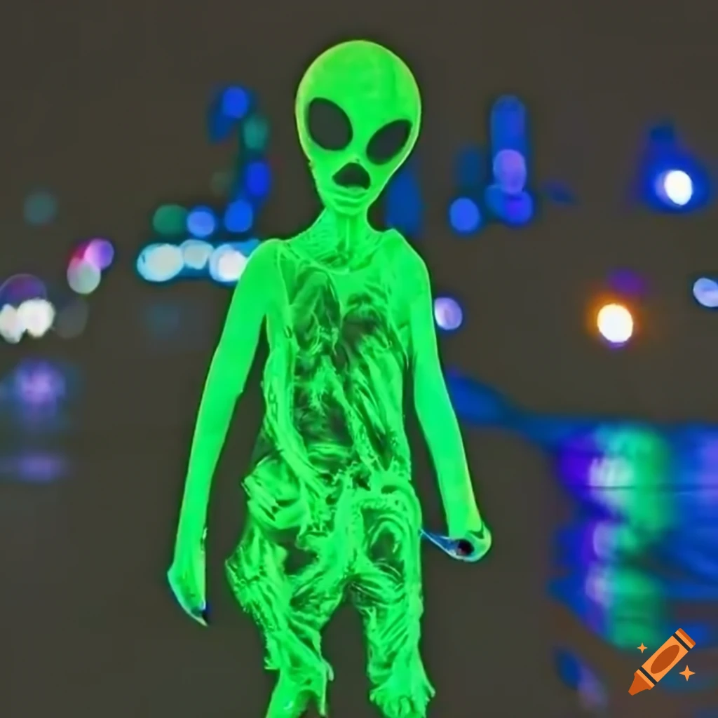Glowing alien riding skateboard in city street at night on Craiyon