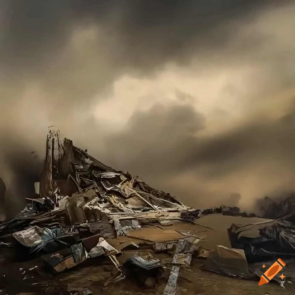 Painting obscured by drapery in a chaotic mess of junk garbage in a destroyed landscape on Craiyon