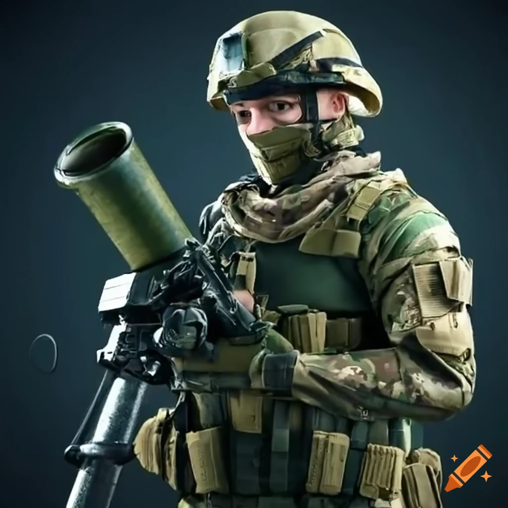 Brave soldier with mortar weapon in military setting on Craiyon