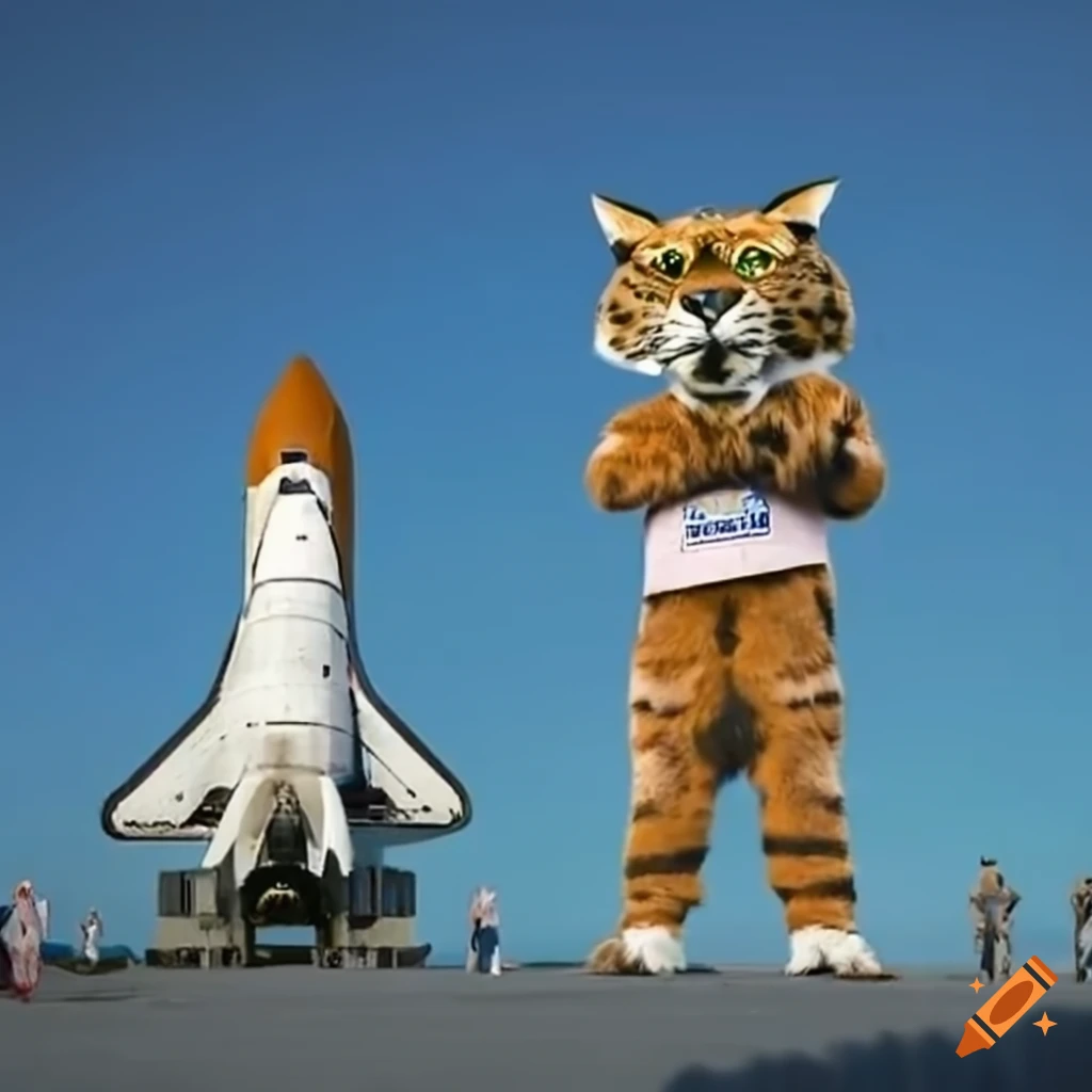 Bobcat mascot watching a space shuttle launch on Craiyon