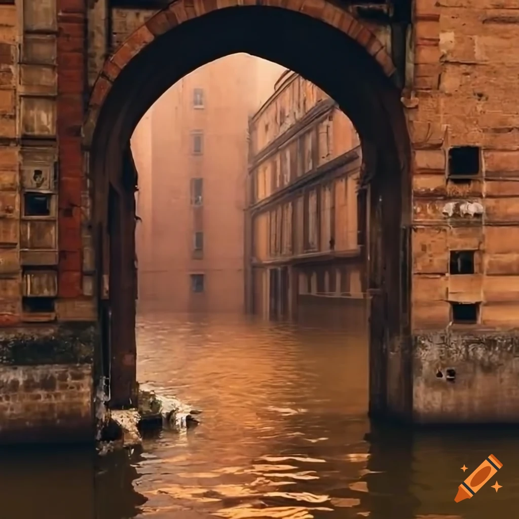 Close-up of flooded doorway with abandoned buildings sinking into ocean ...