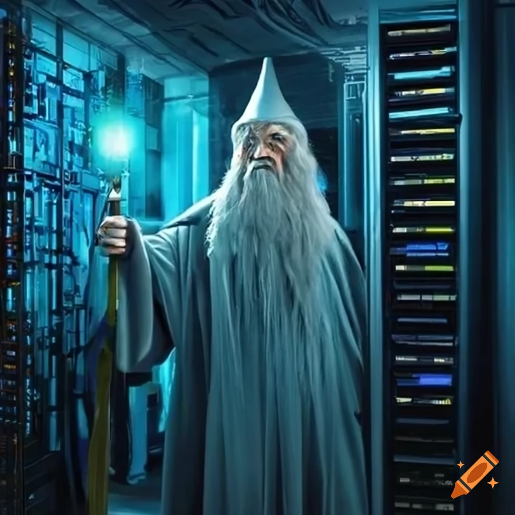 Gandalf in a high-tech workplace with cables and servers on Craiyon