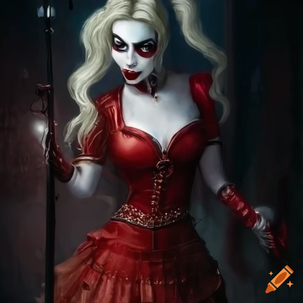 Vampire Harley Quinn In Victorian Atmosphere Walking On Street At Night In The Rain On Craiyon