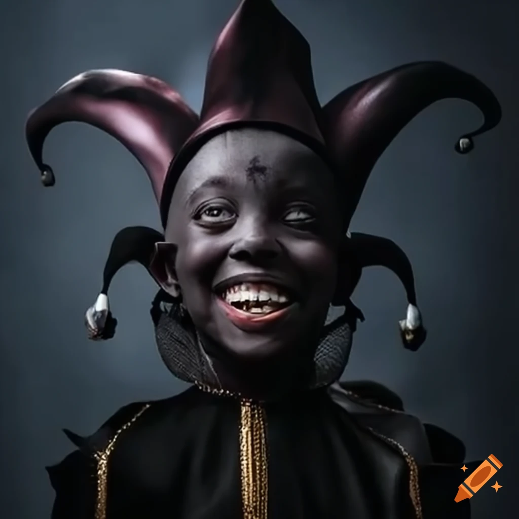 Young black jester with a big smile on Craiyon