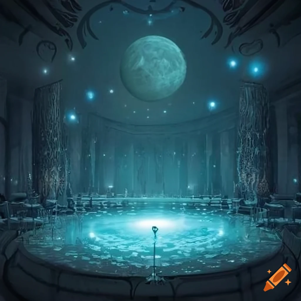 Celestial room with light-up planets and banquet tables on Craiyon