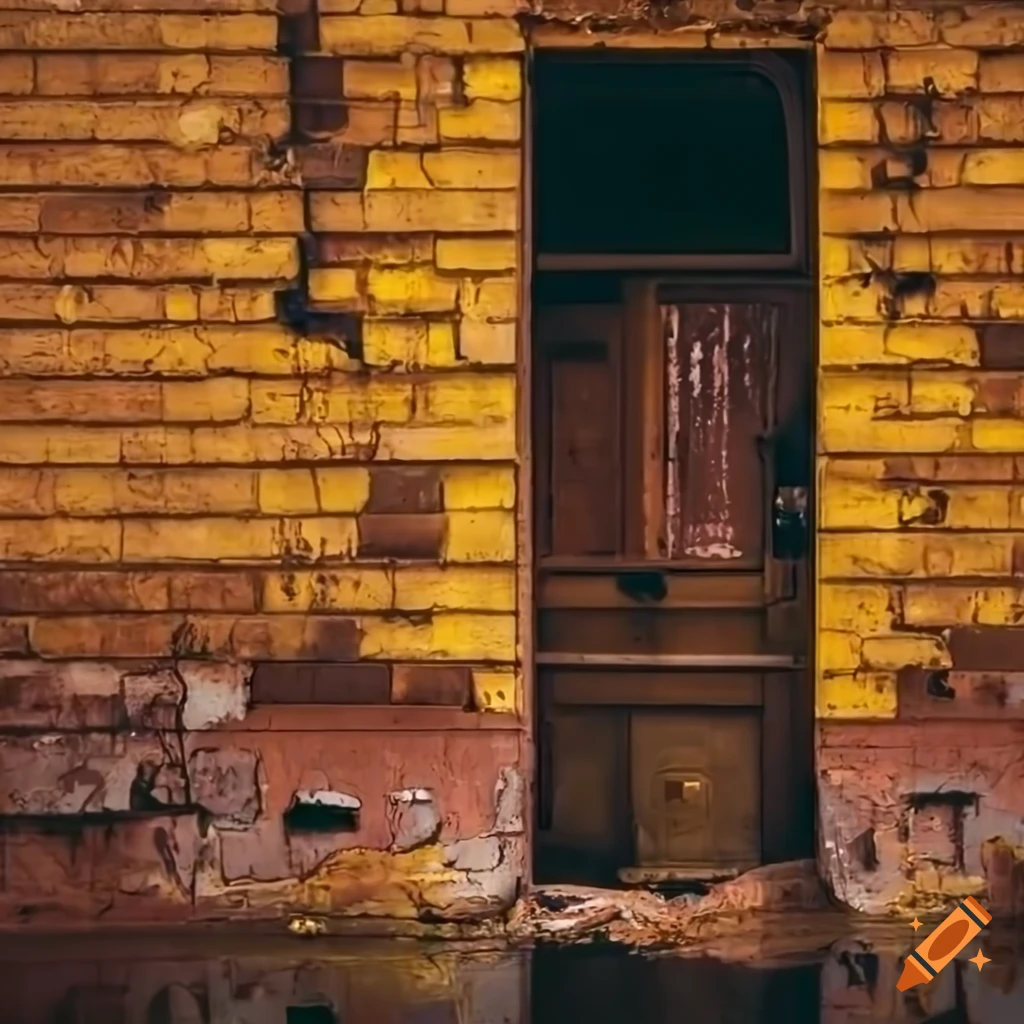 Close-up view of flooded crumbling door with sinking buildings in ...