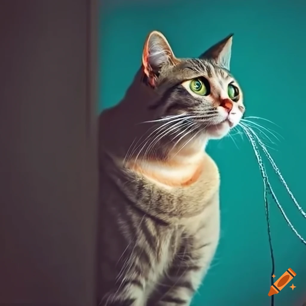 Elegant and captivating cats playing with string in a hallway on Craiyon