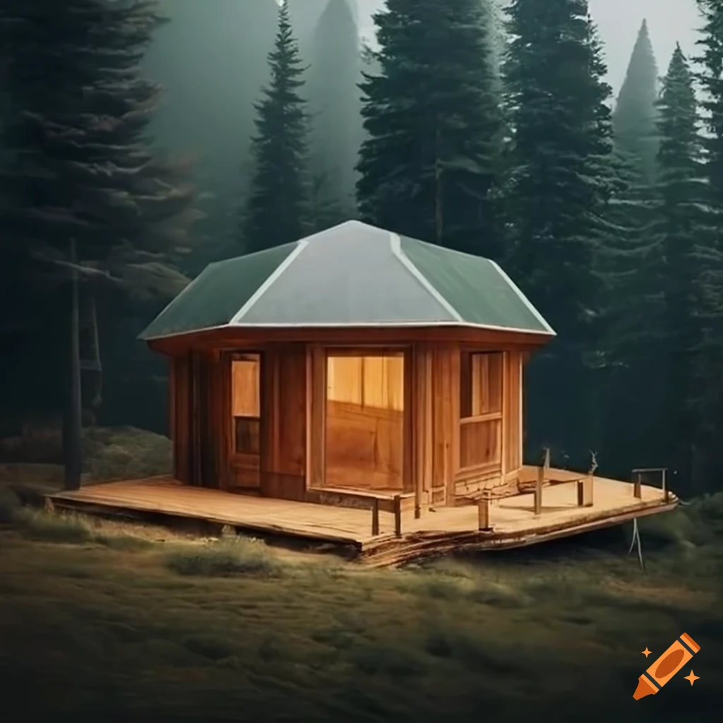 Isolated octagonal cabin in mountainous woods with surrounding walls on ...