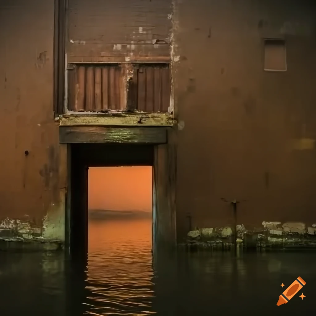 Close view of flooded doorway with sinking buildings into ocean in a ...