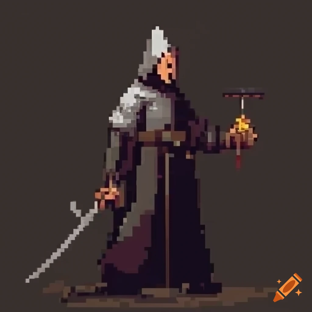 Orthodox priest holding a sword in pixel art style on Craiyon