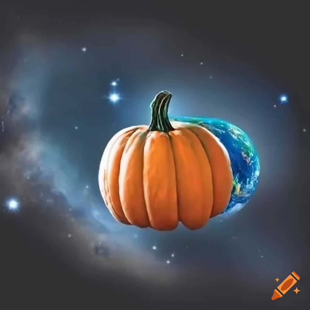 Pumpkin floating in outer space with earth in the background on Craiyon