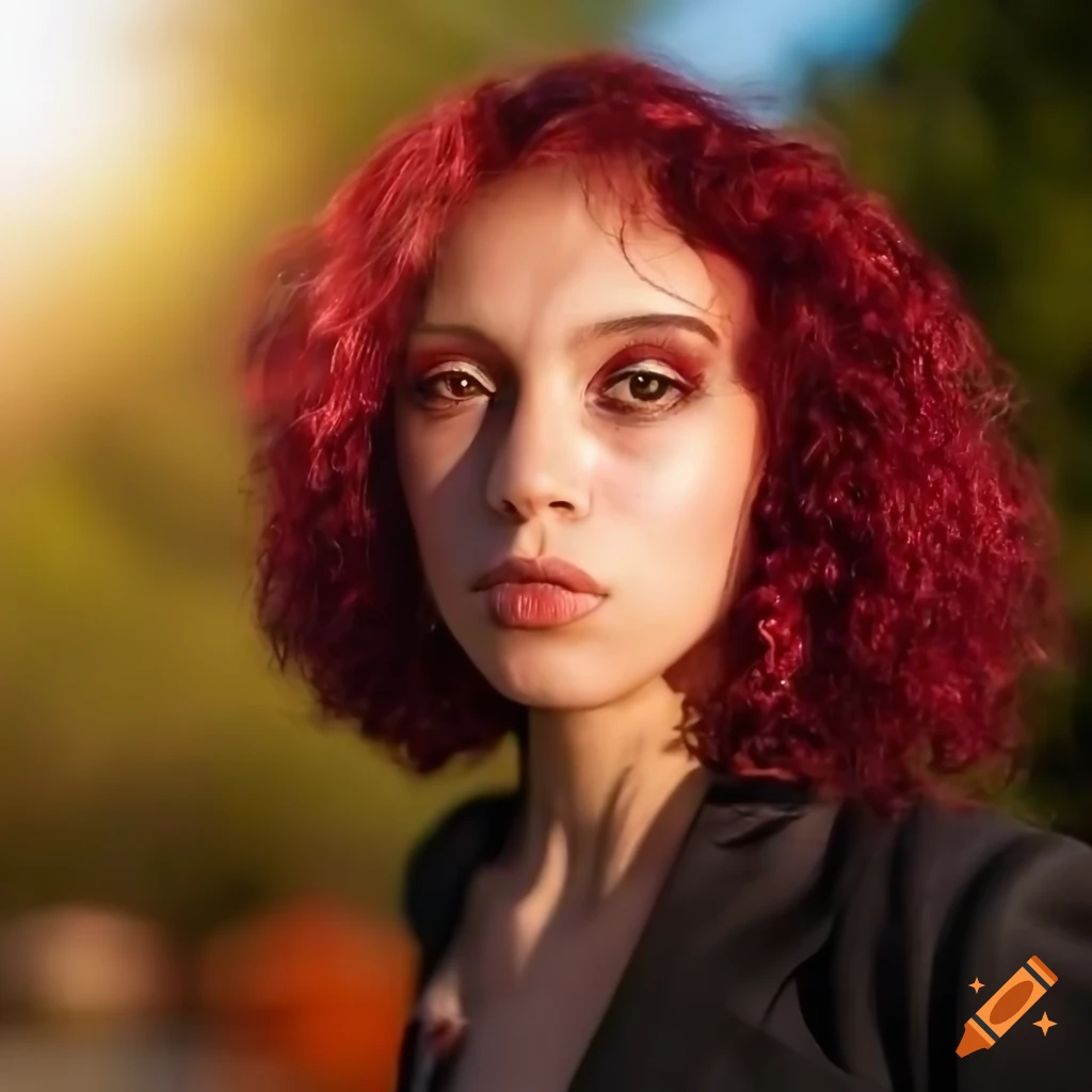 Short wavy maroon hair alien woman with Arabic features speaking in a ...