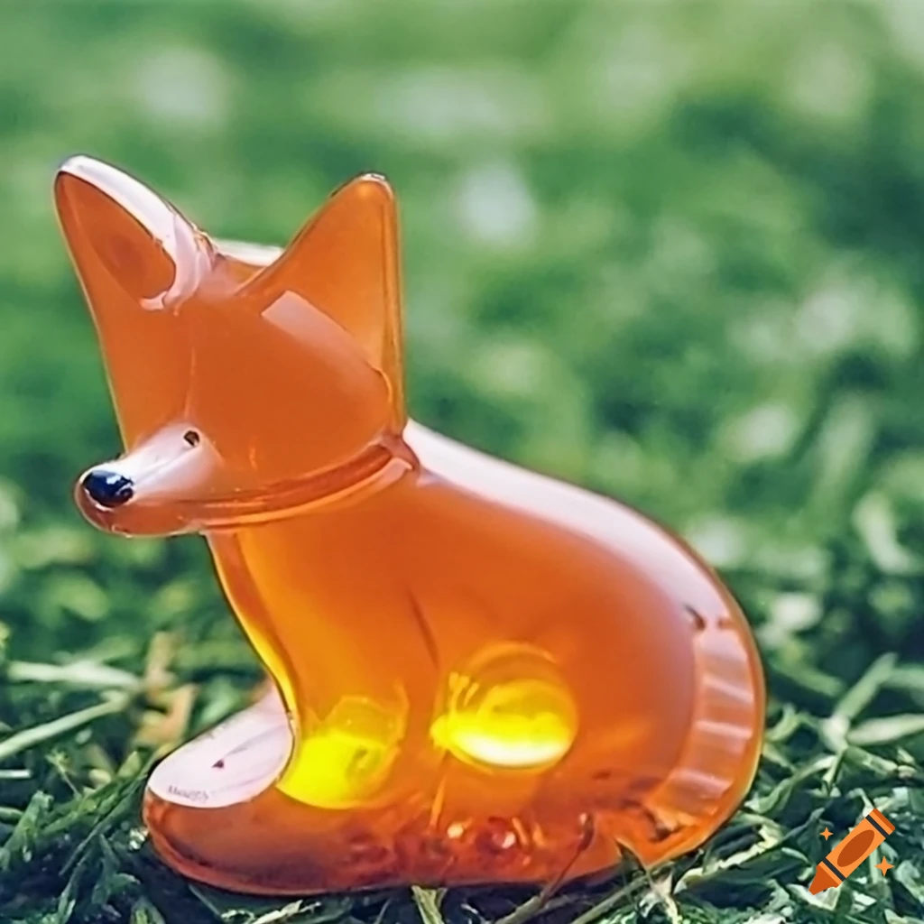 Small transparent orange glass fox figurine on grass at sunset on Craiyon