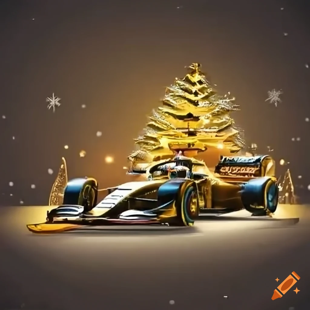 Thrilling gold Formula 1 race under a night sky with a Christmas tree ...