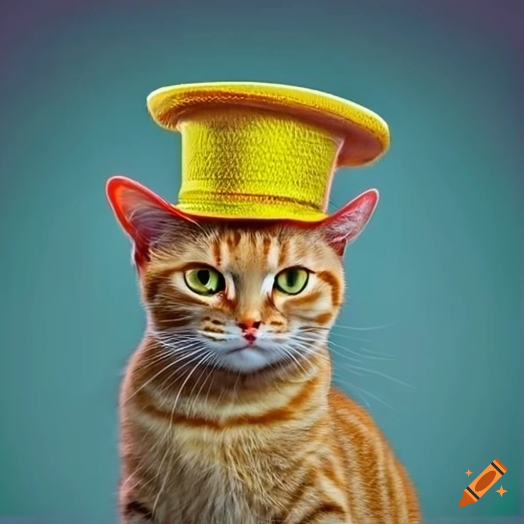 Yellow suited red cat wearing a yellow top hat on Craiyon