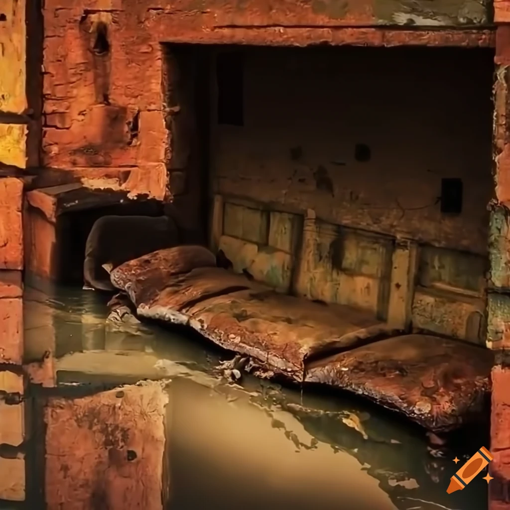 Close-up of destroyed couch in flooded brick doorway with abandoned ...