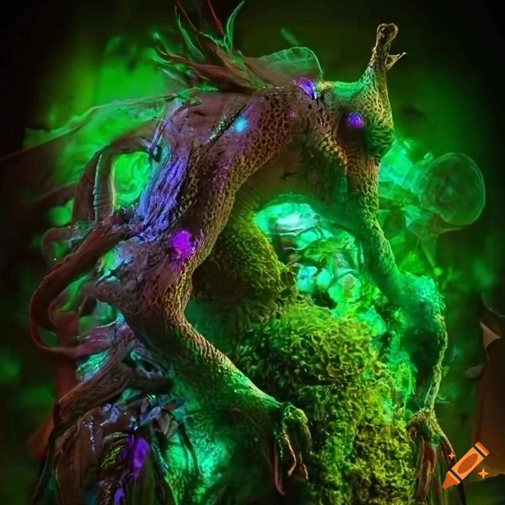 Biopunk cityscape with glowing green moss, plants, mushrooms, crystals ...