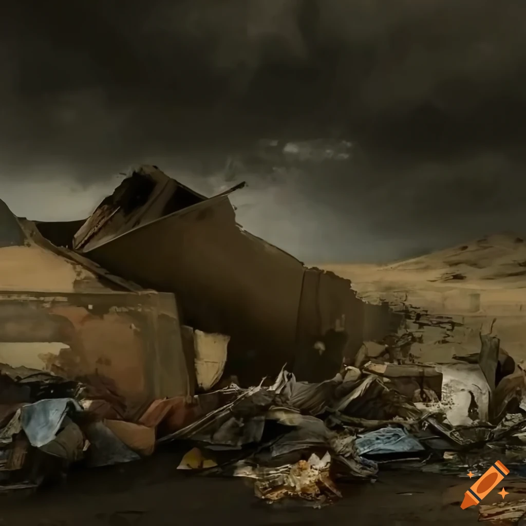 Hidden painting under drapery in chaotic junk garbage landscape on Craiyon