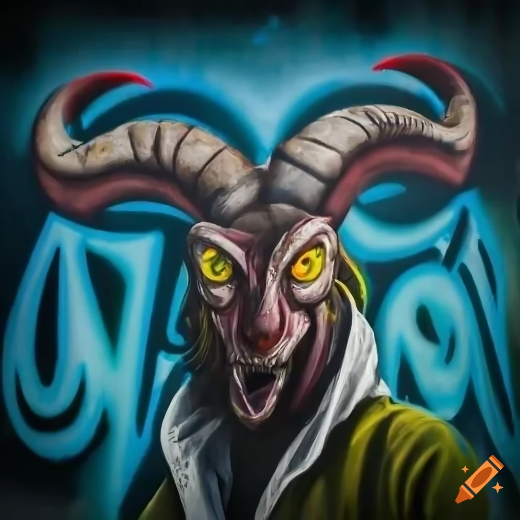 Demonic goat creature spray painting in an urban setting on Craiyon
