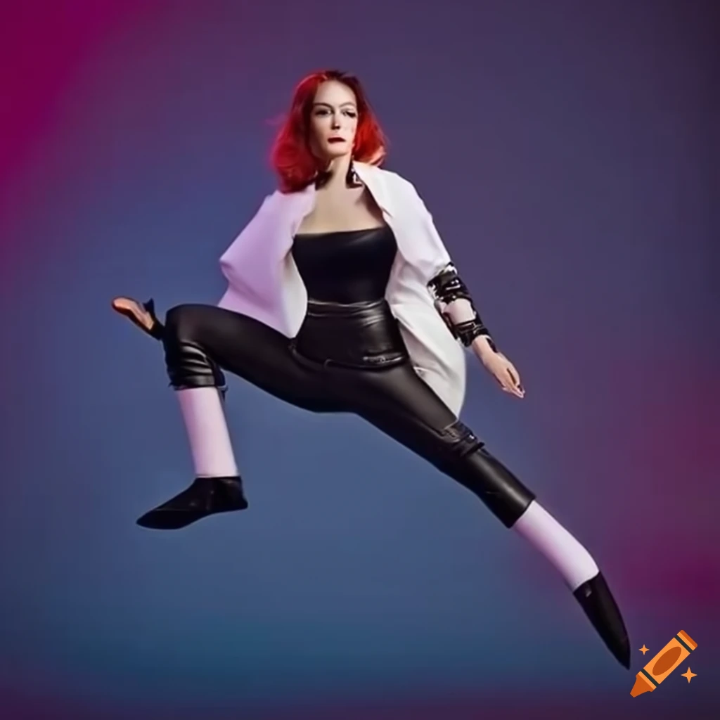 Retro sci-fi woman in gravity-defying outfit and heels on Craiyon