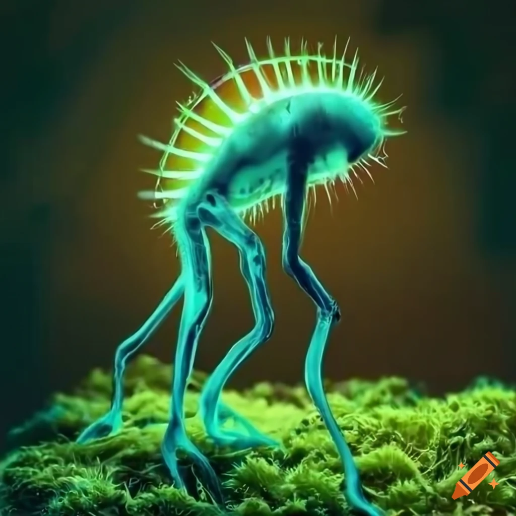 Biopunk Venus flytrap creature in a moss-covered cityscape with ...