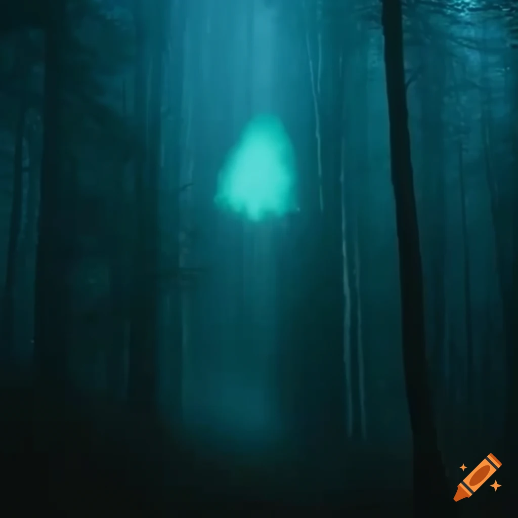Tall white glowing alien ghost in ambient fog in the forest at night on ...