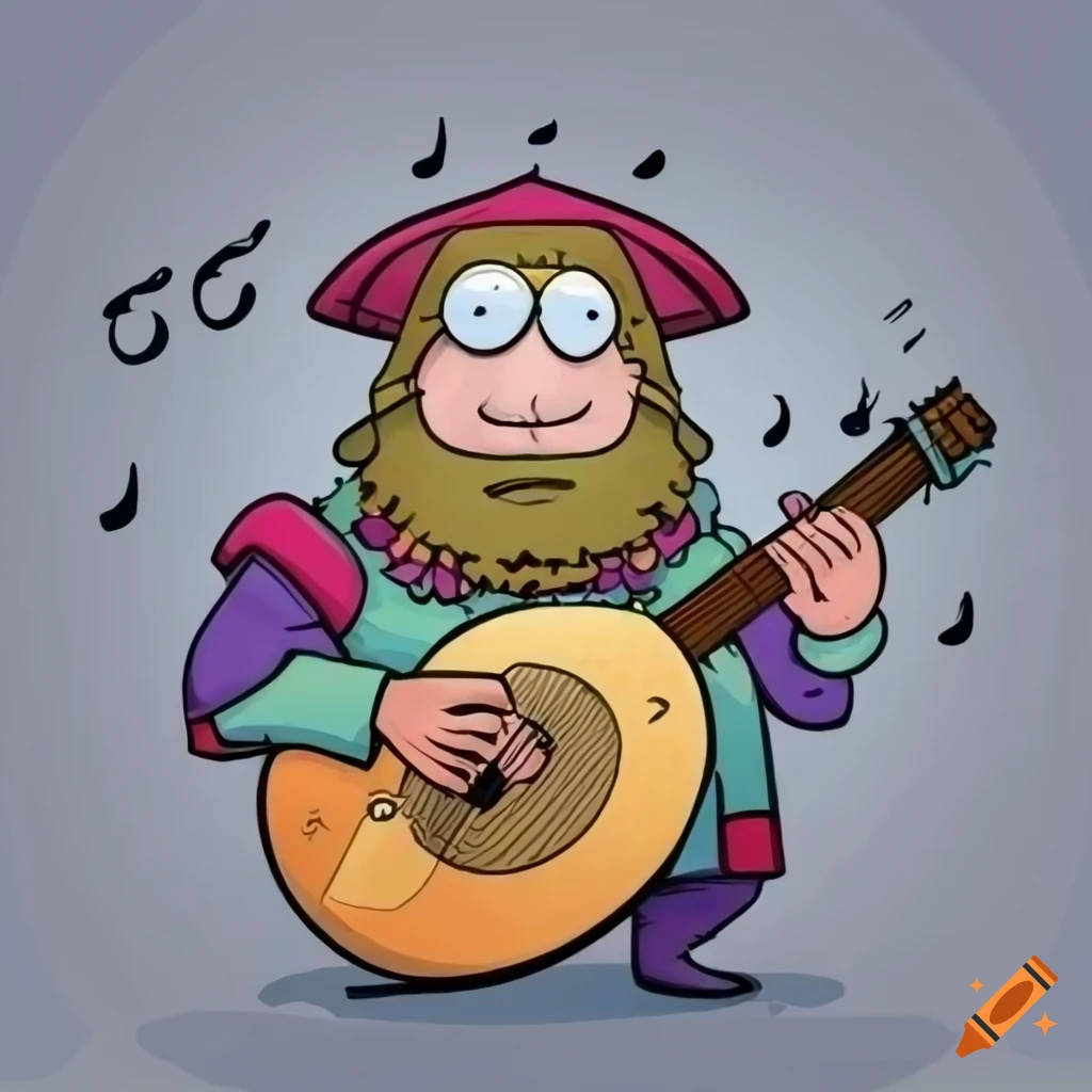 Colorful cartoon of a medieval bard singing and playing a lute on Craiyon