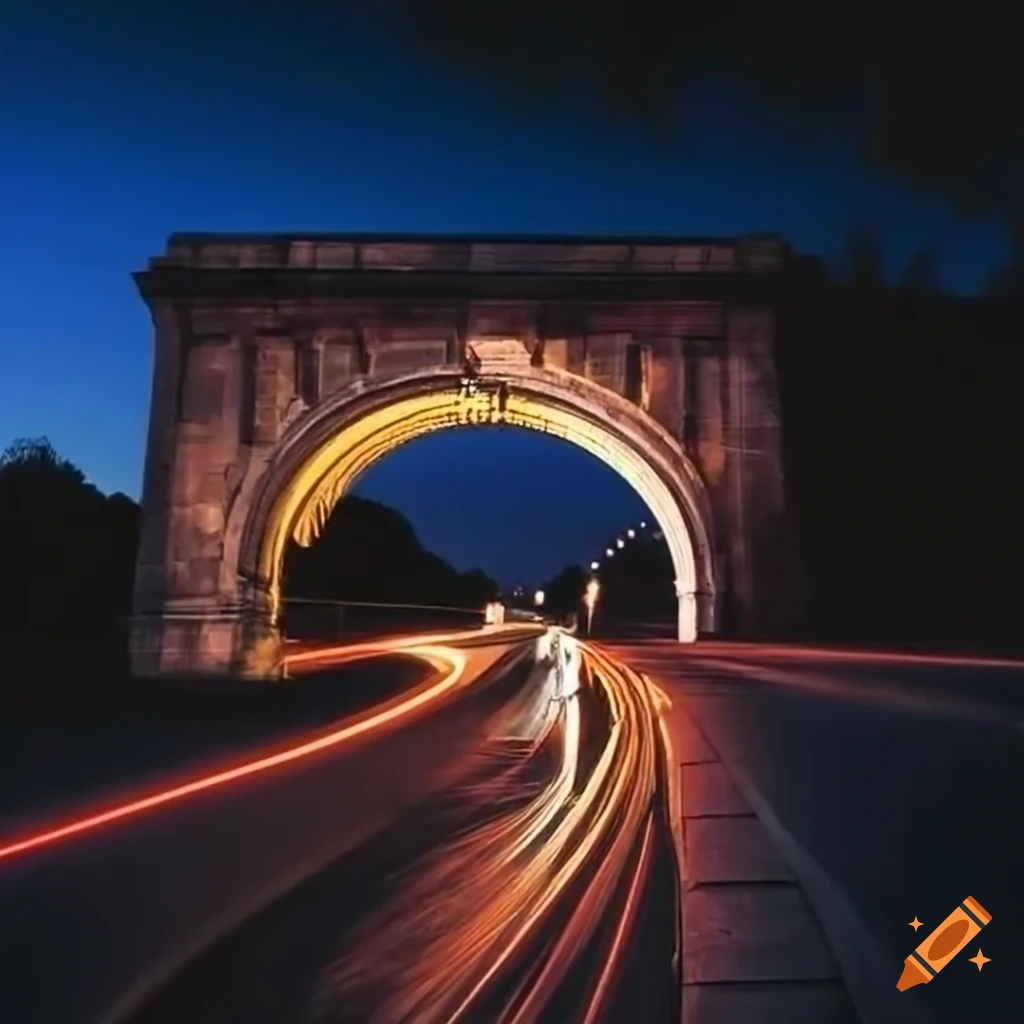 Illuminated arch bridge at night on Craiyon