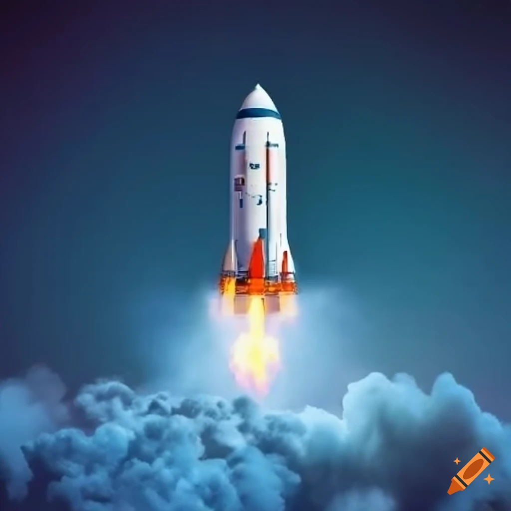 Rocket ship with smoke flying towards a bright moon in starry skies on ...