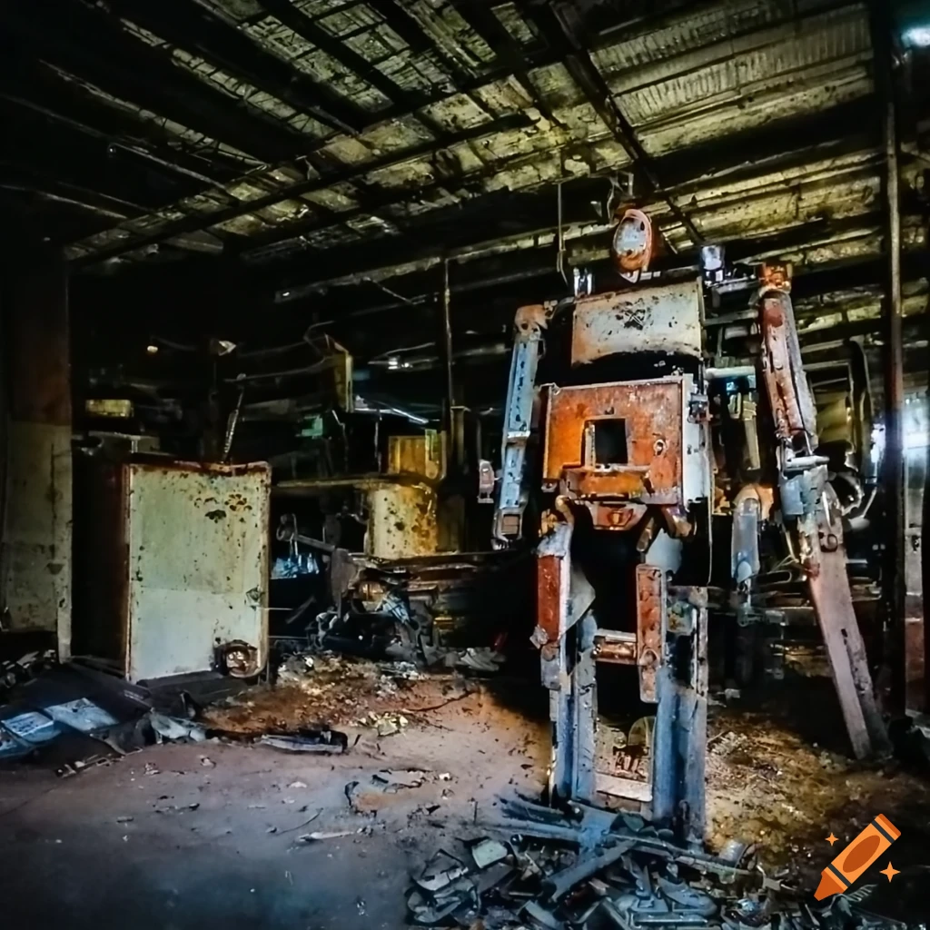 Intimidating mecha robot in a dimly-lit garage on Craiyon