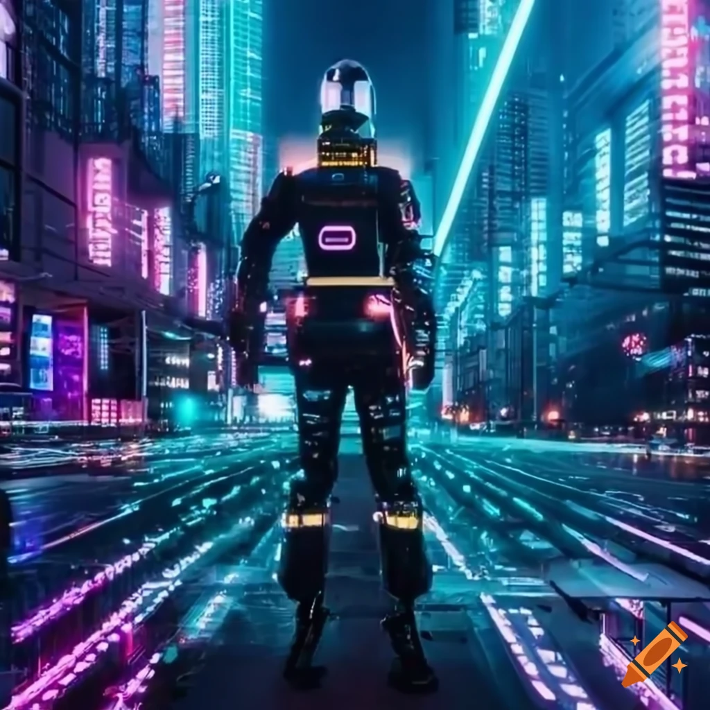 Cyborg character in a futuristic metropolis with neon lights and ...