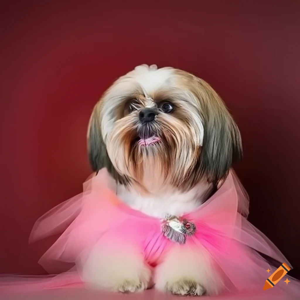 Elegant shih tzu in a pink tutu for a photoshoot on Craiyon
