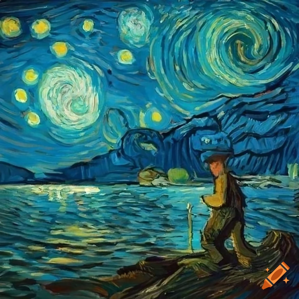Van gogh style painting of a man fishing in heaven with a friend on Craiyon