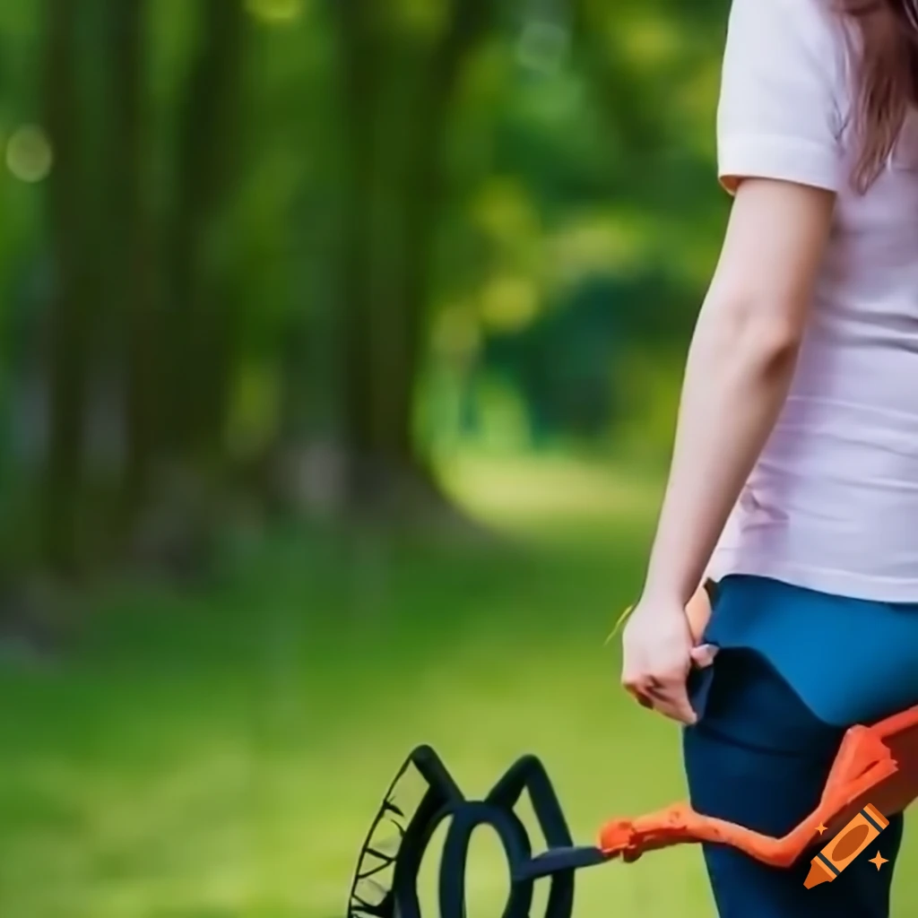 Woman using metal detector outdoors on Craiyon