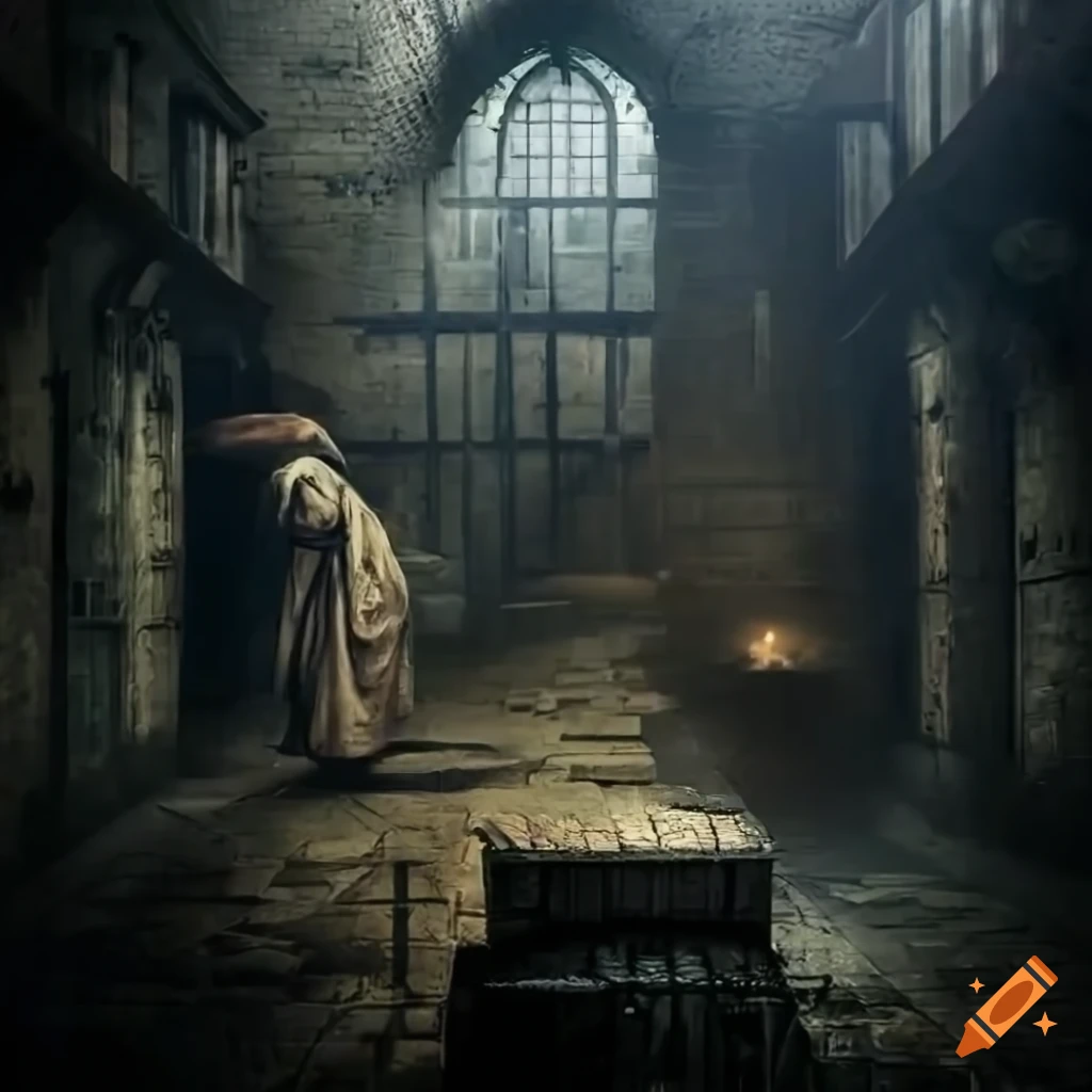 Steampunk medieval prison complex at night with monks in a rainy ...