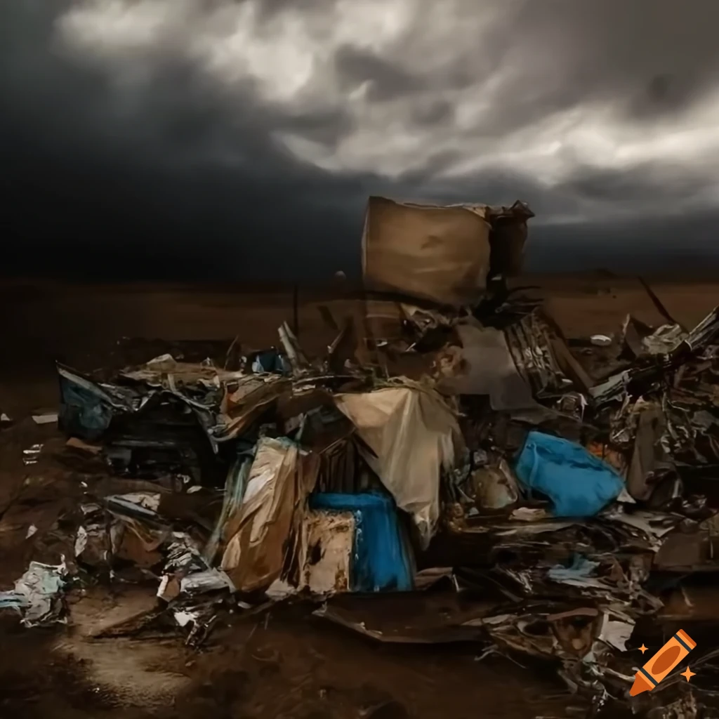 Painting hidden under drapery in a chaotic junk-filled destroyed landscape on Craiyon