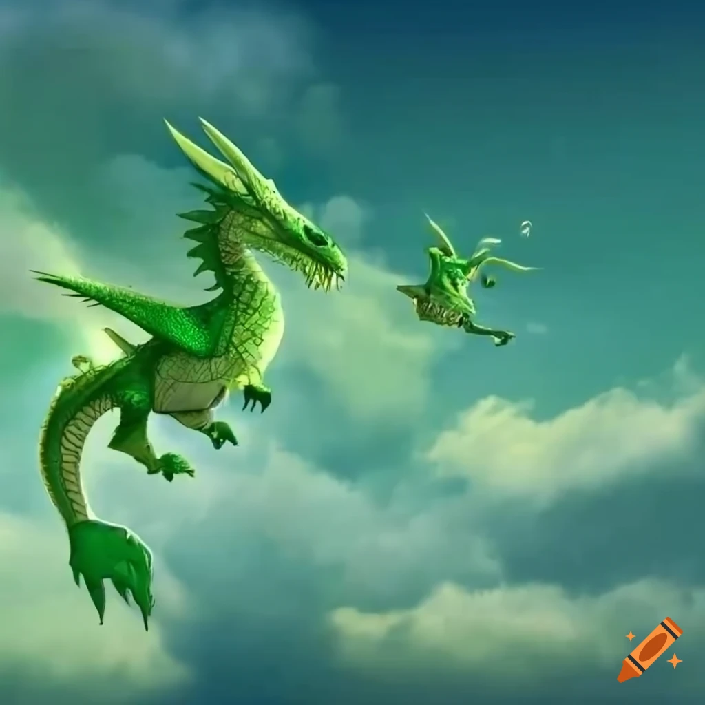 Light green dragons flying around clouds with leprechaun pikachu in the ...