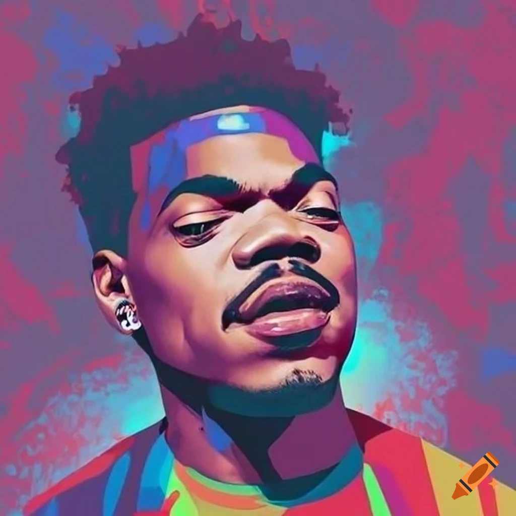 Chance the Rapper performing on stage in vibrant colors on Craiyon