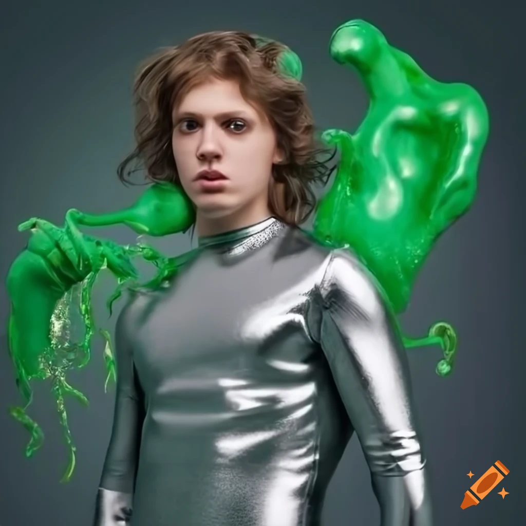 Male college student in metallic silver spandex uniform covered in ...