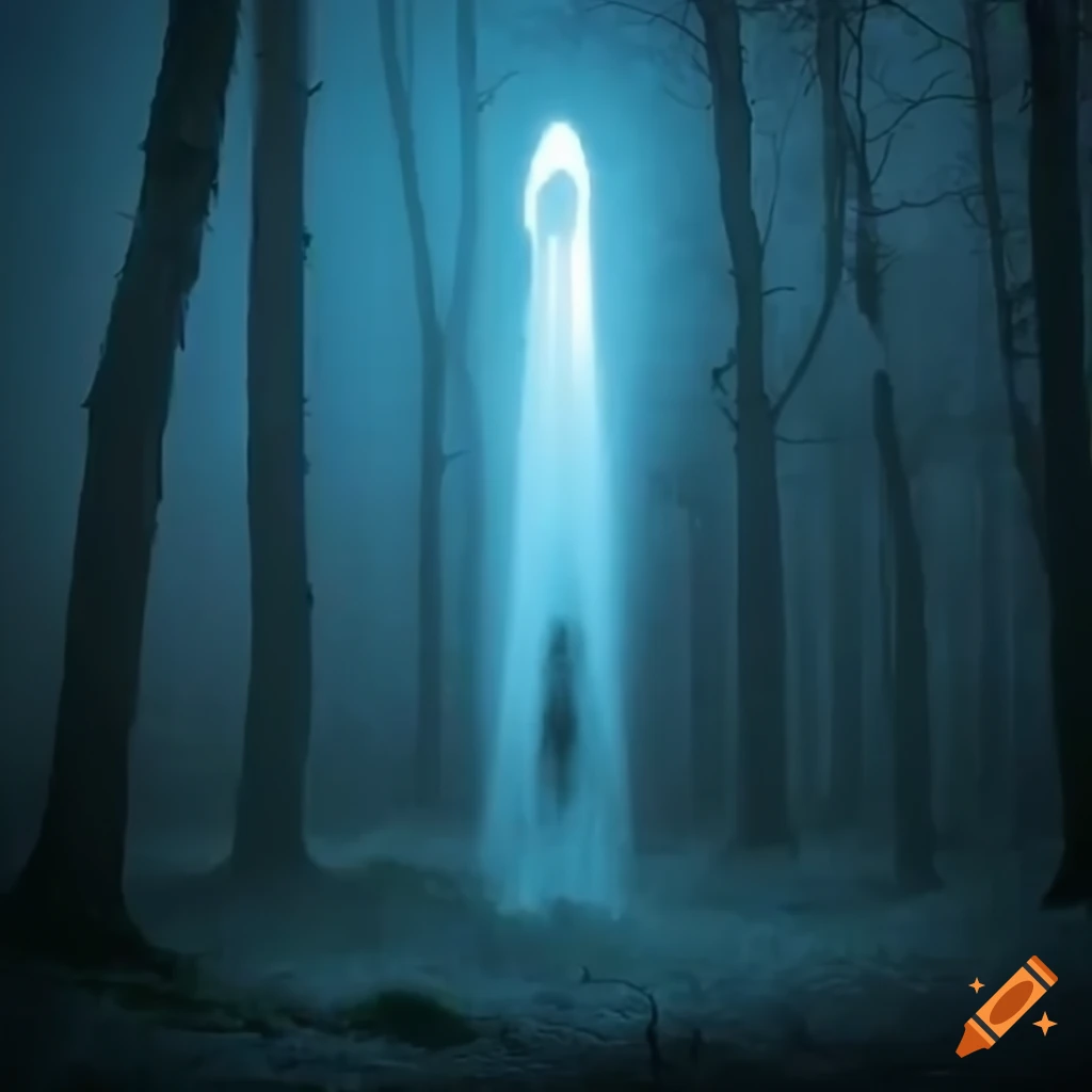 Tall white glowing alien ghost in ambient fog in the forest at night on ...