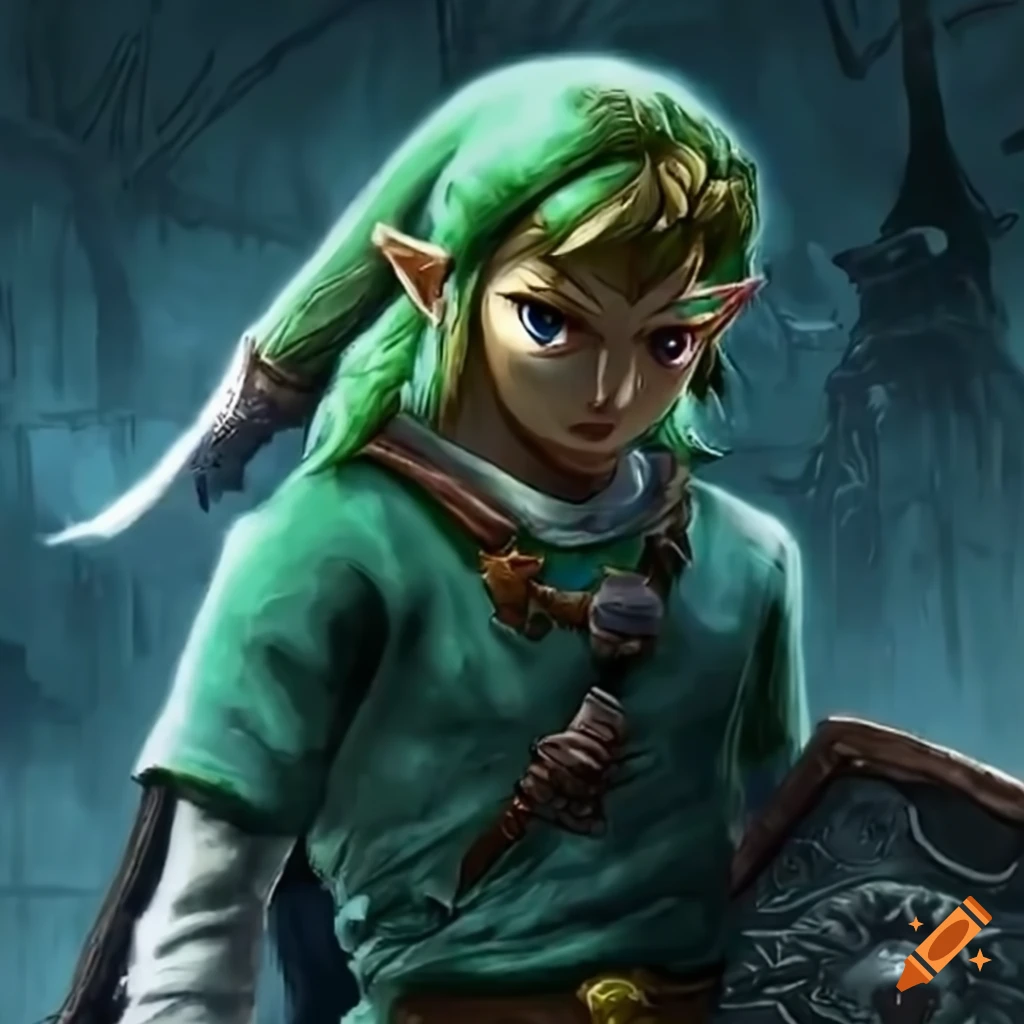 Link battling a bloodborne monster in a crossover fantasy fight on Craiyon