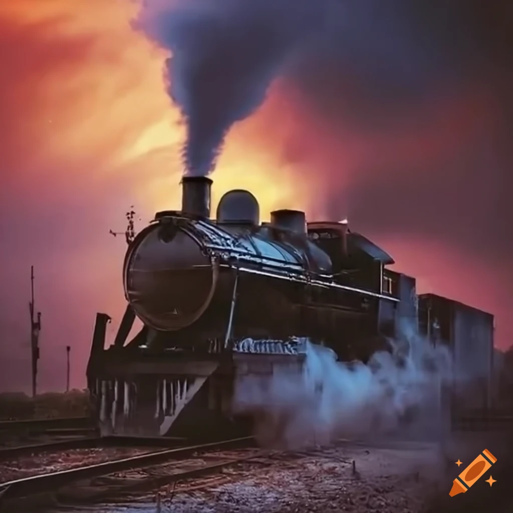 Old steam train moving from left to right with large factories emitting ...