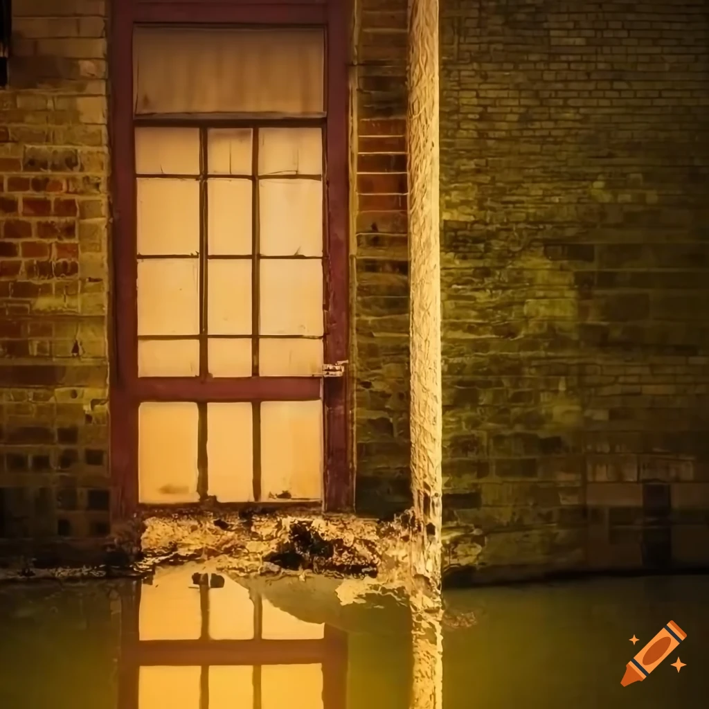 Close-up of flooded door with sinking buildings in ocean under dramatic ...