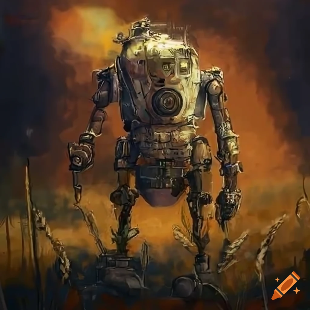 Enormous dieselpunk robot in a golden wheat field landscape on Craiyon