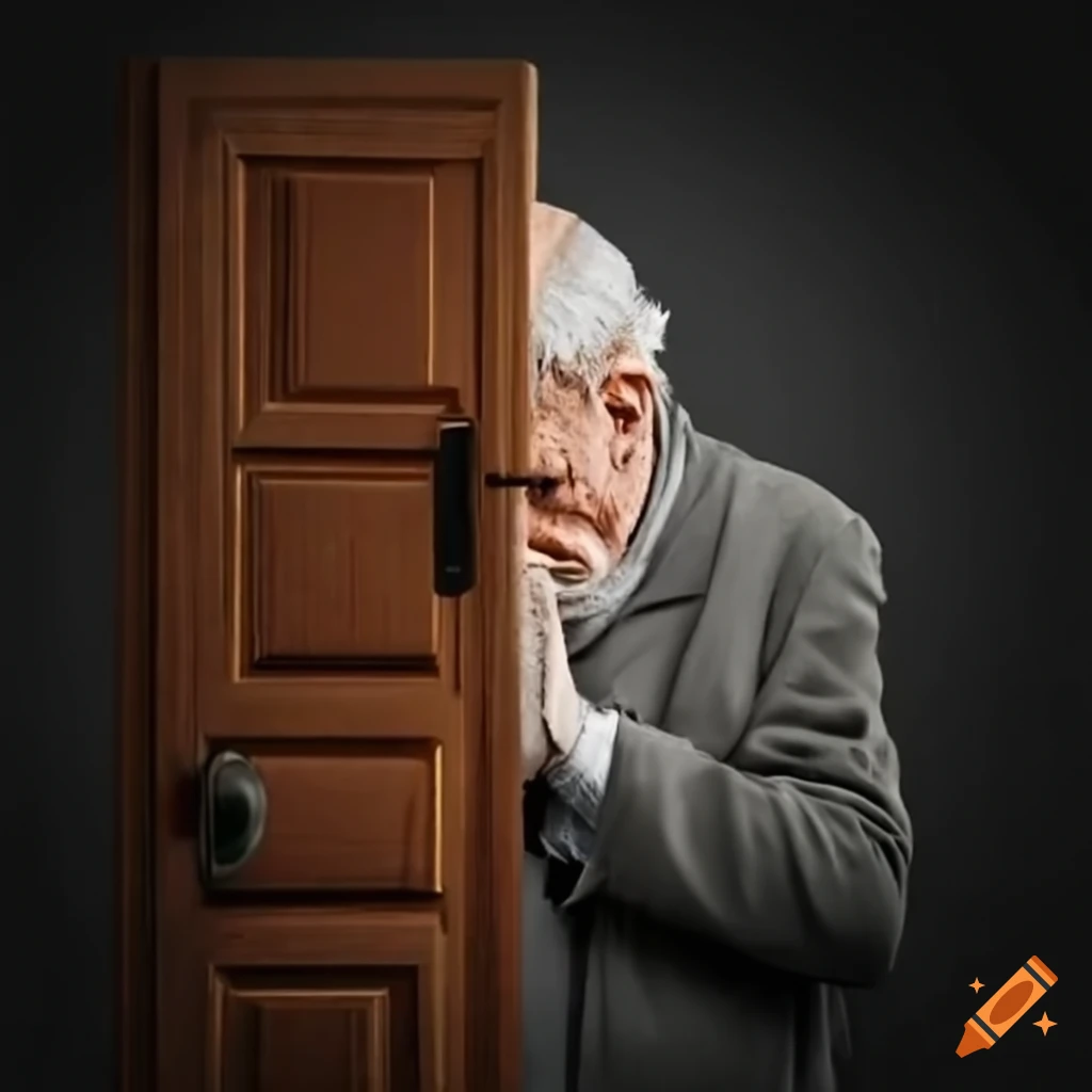 Sad old man hiding behind a door on Craiyon