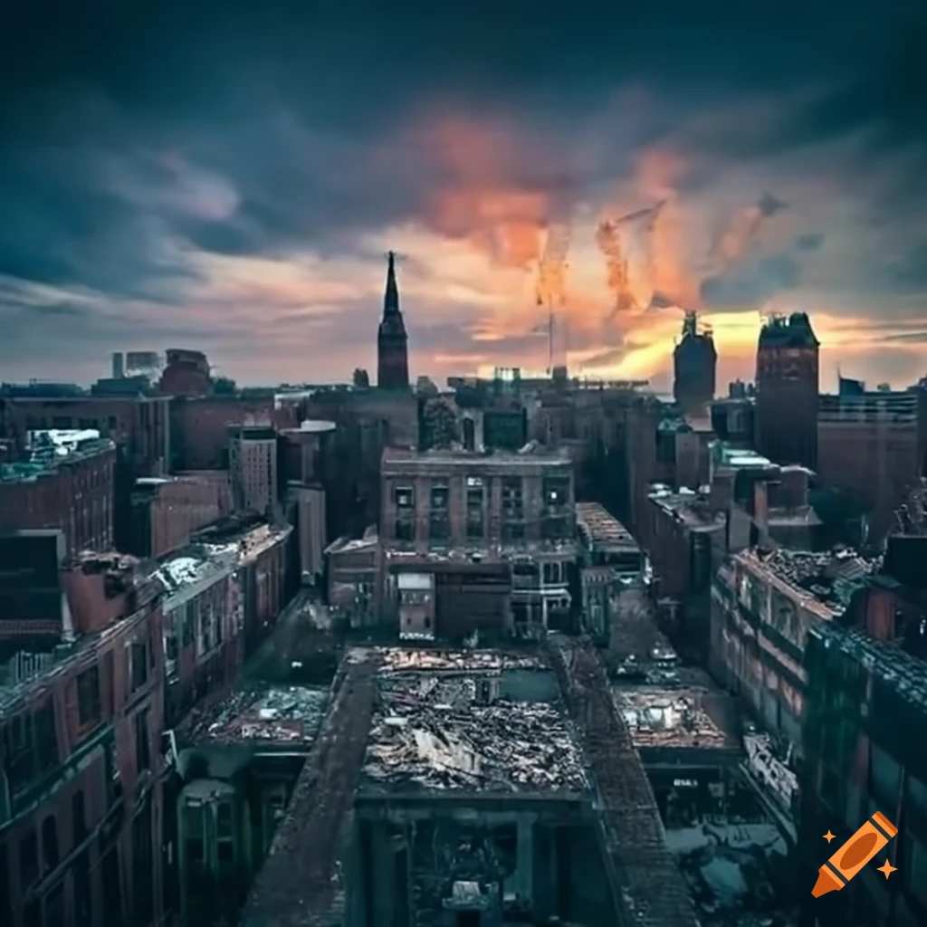 Detailed aerial view of an abandoned neighborhood and urban decay in ...